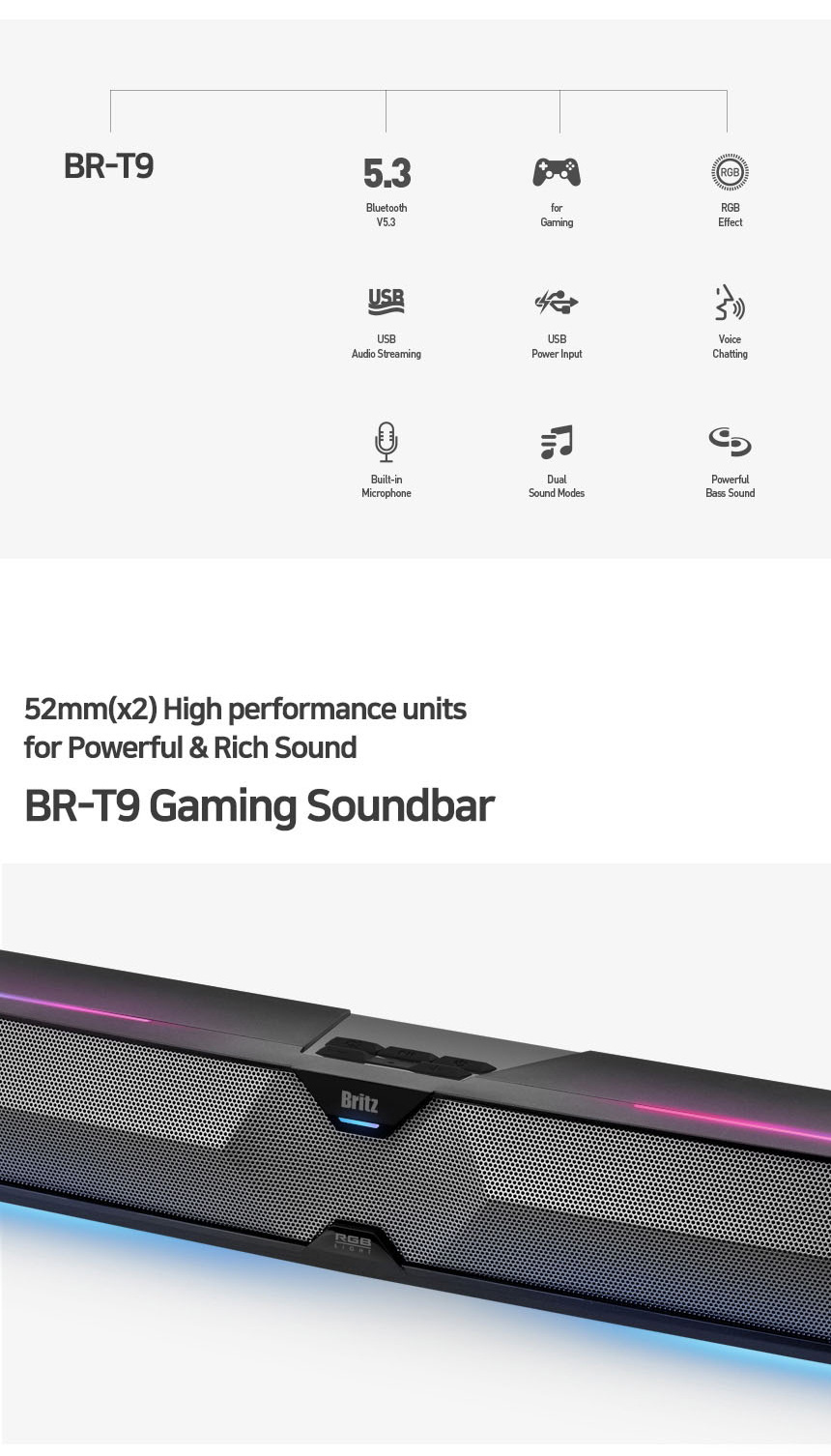 브리츠 블루투스 게이밍 사운드바 스피커BR-T9_Britz